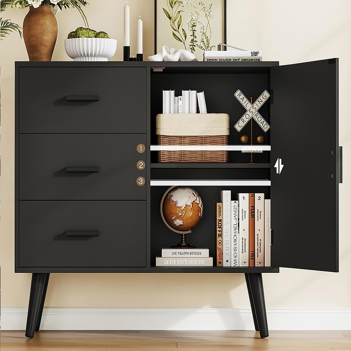 Iwell Black Storage Cabinet with 3 Drawers & Adjustable Shelf, Sideboard Buffet Cabinet, Entryway Cabinet, for Living Room, Dining Room, Black