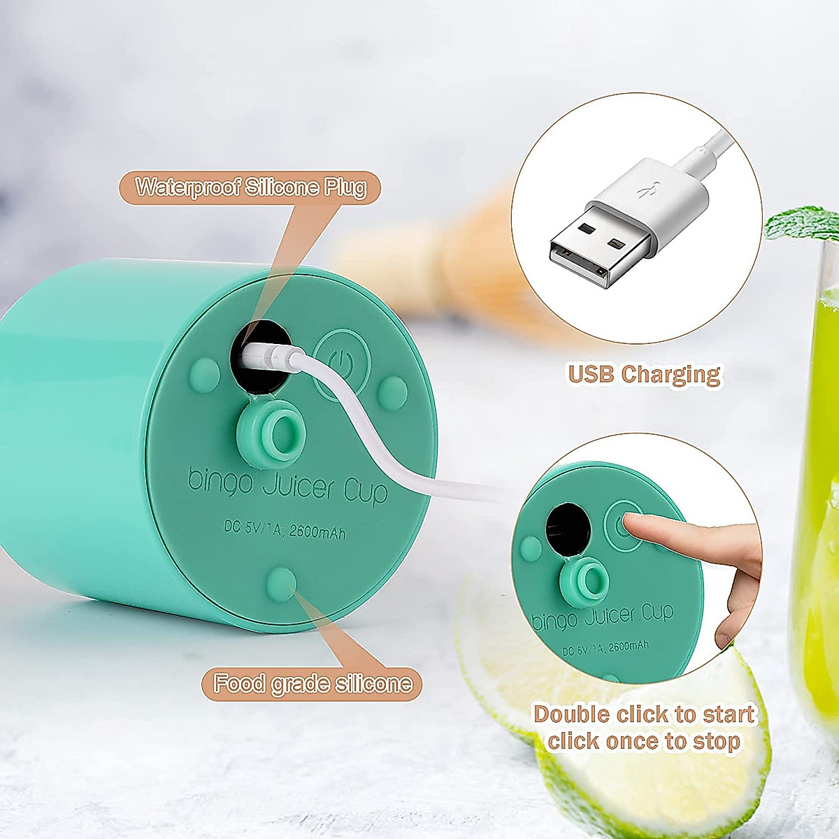 Portable Personal Mini Smoothie Blender: USB rechargeable battery operated bottle blender, Neon blue