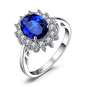 JewelryPalace Princess Diana Kate Middleton Class Gemstone Birthstone Blue Sapphire Halo Statement Engagement Rings for Women, Anniversary 14K Gold Plated 925 Sterling Silver Promise Rings for Her 7