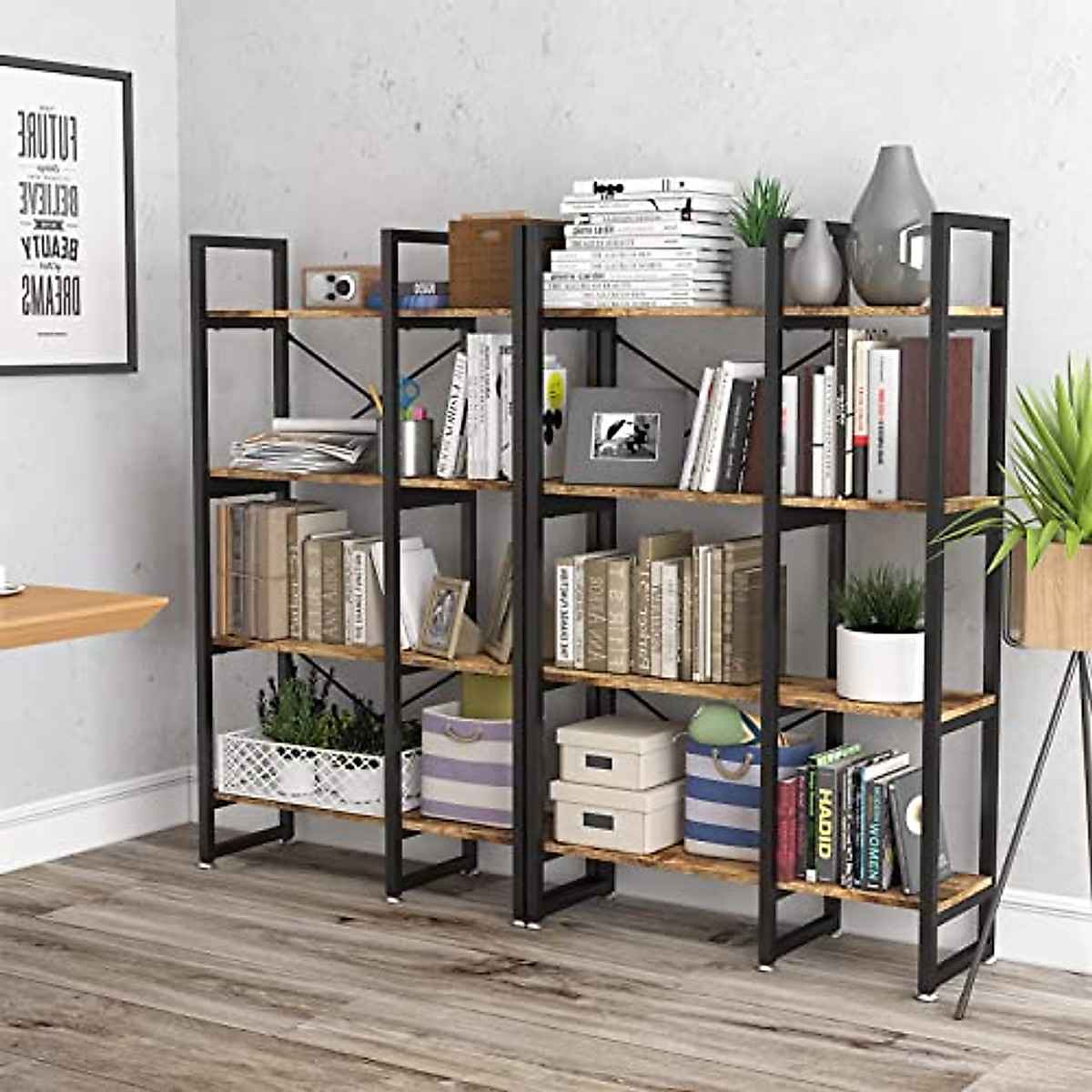 Easyzon 4 Tier Bookcase and Bookshelf, Rustic Industrial Bookshelf, Large Etagere Bookshelf Open Display Shleves with Metal Frame for Living Room Bedroom Home Office, Rustic Brown