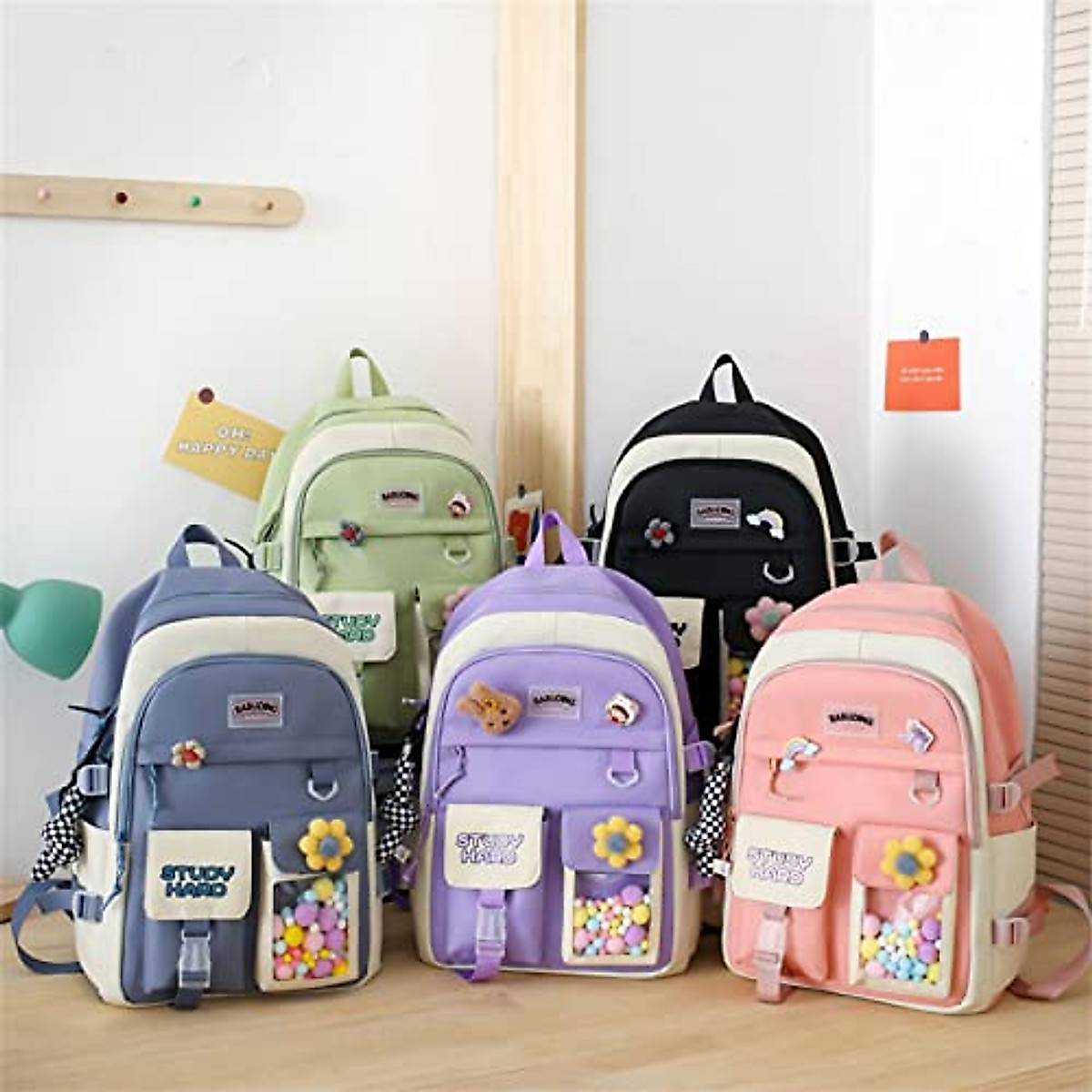 YGYCF Kawaii Backpack 5Pcs Set for Student with Cute Knot Accessories - School Bags for Teen Girls Back to School Supplies Essentials Aesthetic Bookbag, C Blue