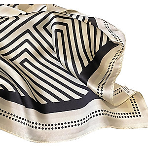 JERLA 100% Pure Mulberry Silk Square Scarf for Hair-26''x26'' Women Men Natural Silk Neckerchief Headscarf (Cream white and black geometry stripe)