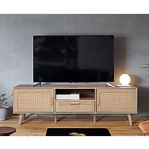 Finnhomy 59 Inch Boho TV Stand for up to 70 inch TV, TV Console with 2 Hand Made Rattan Decorated Doors, Living Room Entertainment Center TV Table with Storage, Natural