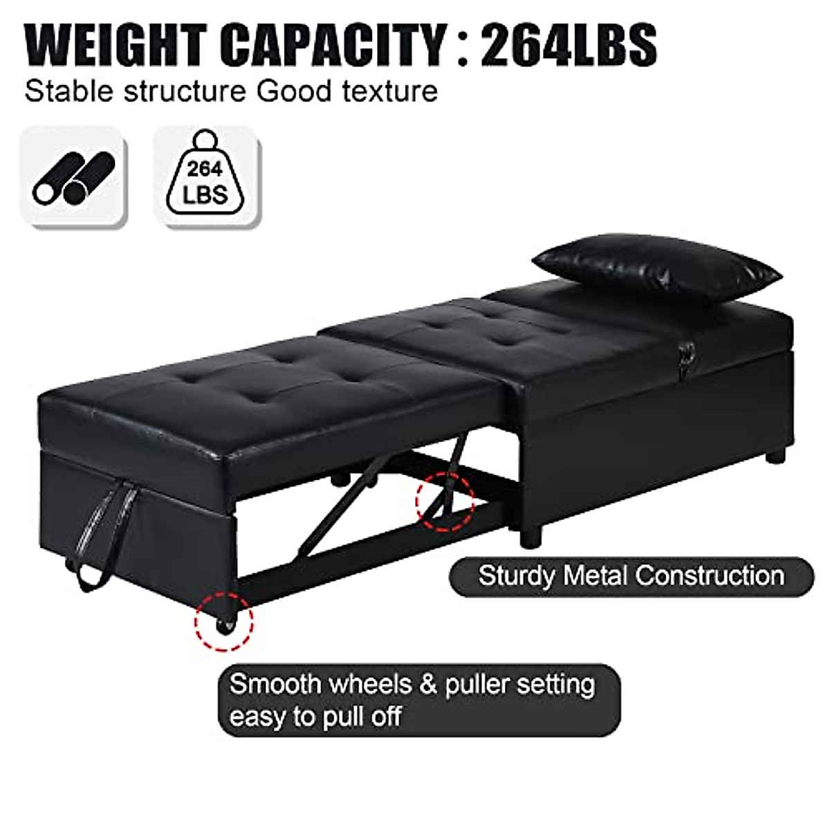 Sleeper Chair Bed, Convertible Chair Bed 4 in 1 Multi-Function Folding Ottoman Sofa Bed with Adjustable Backrest, Modern Single Bed Chair for Living Room/Small Space/Apartment, Black Faux Leather