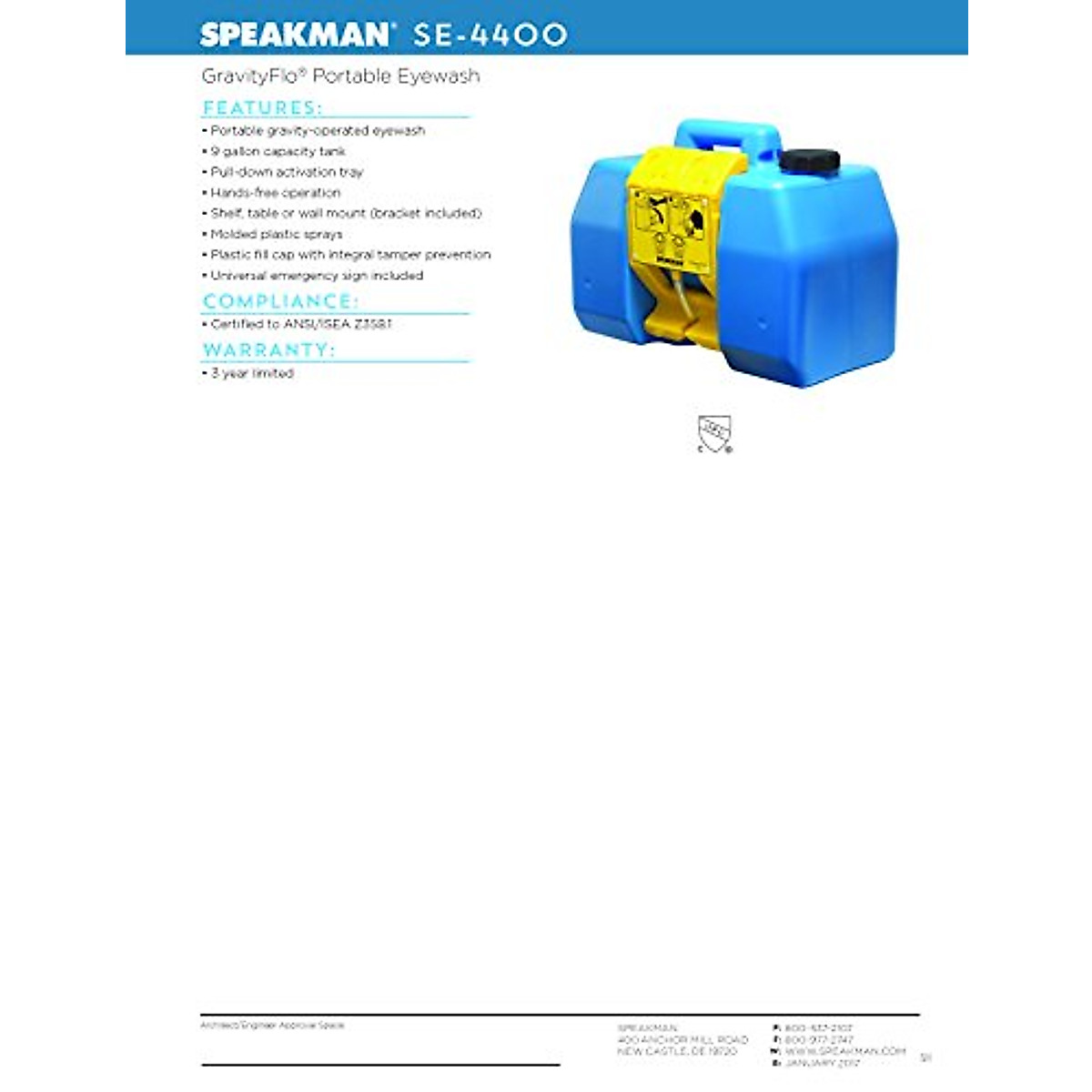 Speakman SE-4400 GravityFlo 9-Gallon Portable Emergency Eyewash