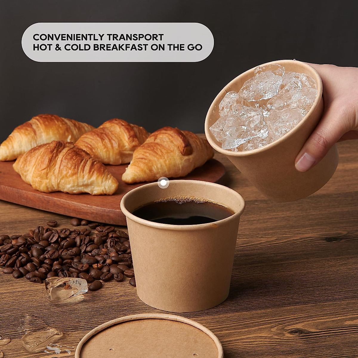 50pack 8oz Paper Soup Containers with Lids, Disposable Kraft Paper Food Cups, Ice Cream Cups, Paper food Storage with Lids, Microwavable and Freezer Safe, Suitable for Christmas Thanksgiving (Brown)