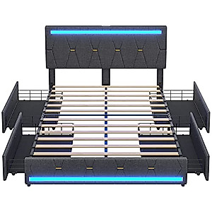 ADORNEVE Queen Bed Frame with 2 USB Charging Station, LED Lights Headboard Footboard, Upholstered Platform Bed with Storage Drawers, No Box Spring Needed, Dark Grey