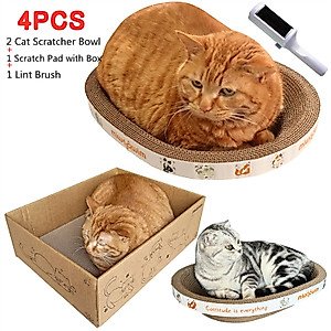 Miwoowim 4PCS 2 Cat Scratcher Bowl +1 Corrugated Scratch Pad with Box+ 1 Brush,Oval Shape Cat Scratcher Cardboard Bed, Cat Scratching Lounge Bed, Cute Round Cat Scratcher