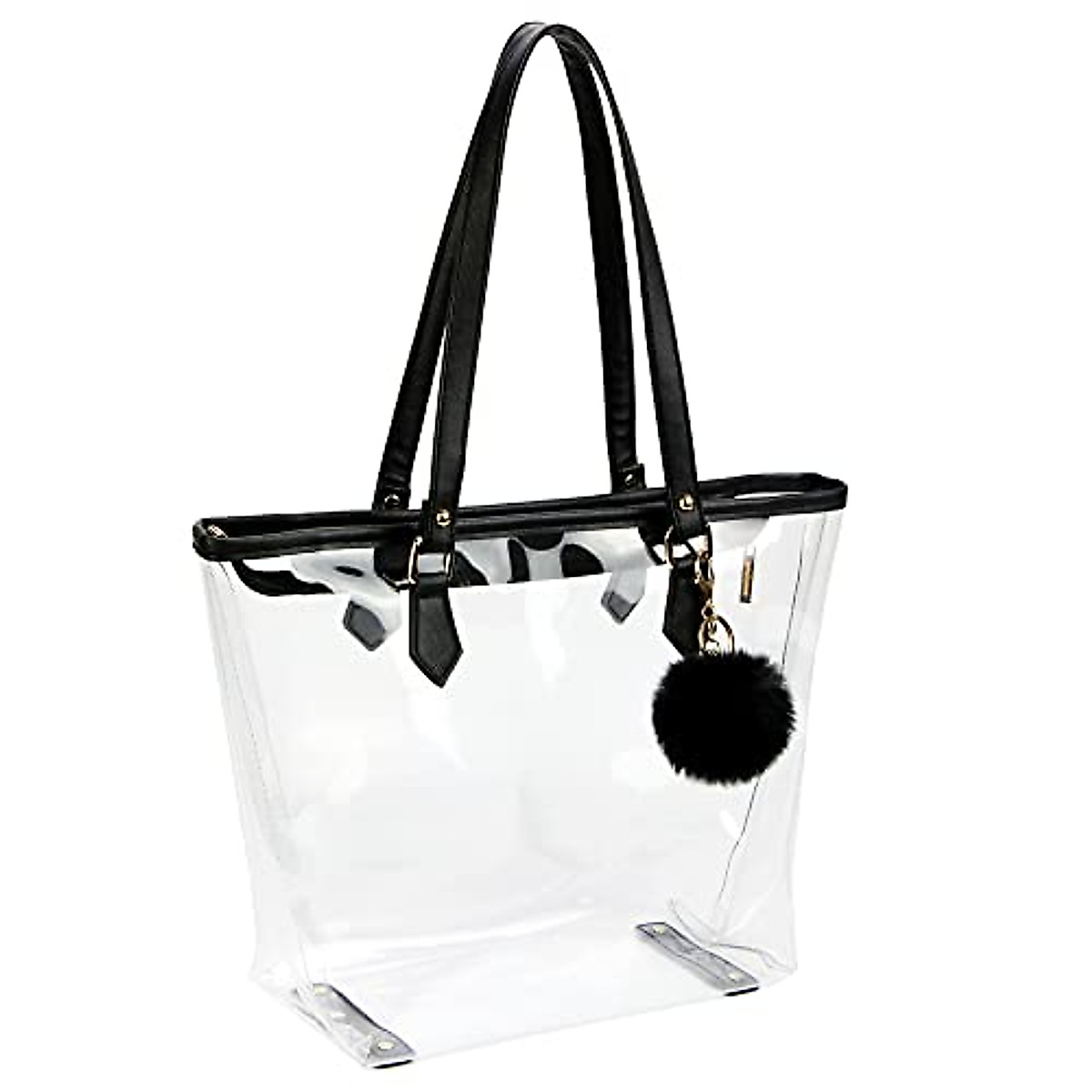 Large Clear Bag Transparent Shoulder Handbag with Black Plush Pendant(Black 2)