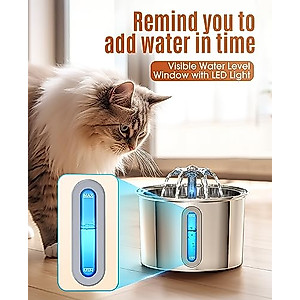 oneisall Cat Water Fountain 316 Stainless Steel, 2L/67oz Automatic Water Fountain for Cats Inside, 3 Replacement Filters & Visual Water Level Window with LED/Pet Supplies