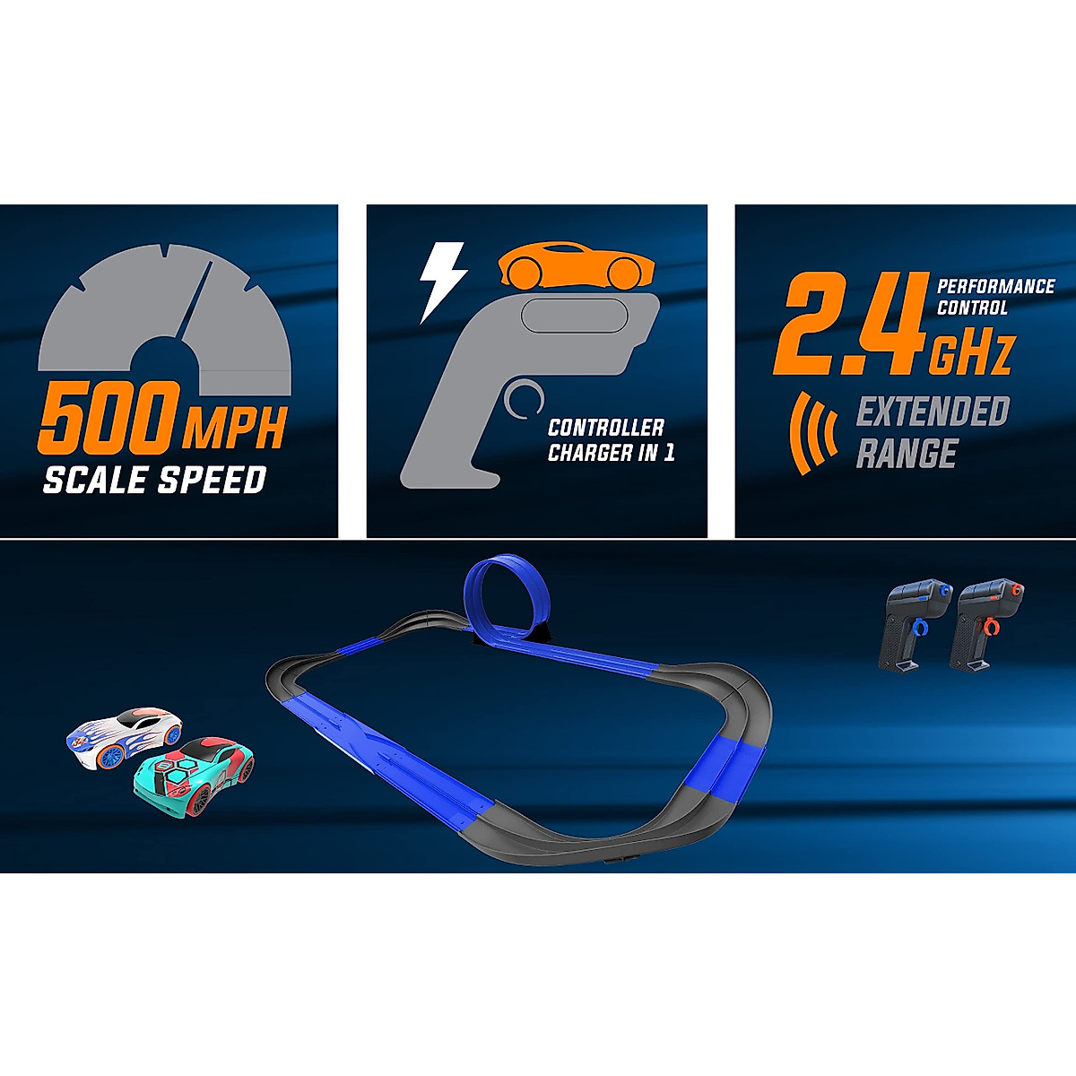 Tracer Racers 2.4 GHz Radio Control Remote Slot-Less, Cordless Racing Blazin' Loop Speedway Track Set with Two Cars