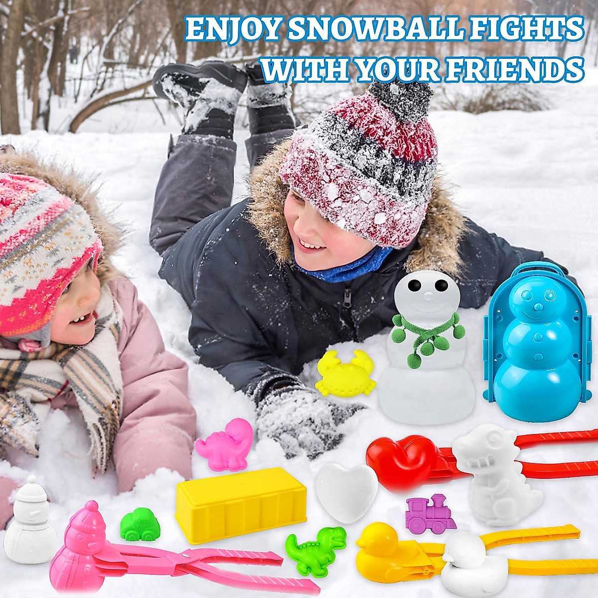 JMUQ 50pcs Snowball Maker Snow Toys for Outdoor Winter Fun Includes Heart Shaped Rabbit and Duck Snowball Makers,Gnome and Dinosaur Snow Molds and a Snowman Decorating Kit for Toddlers and Adults