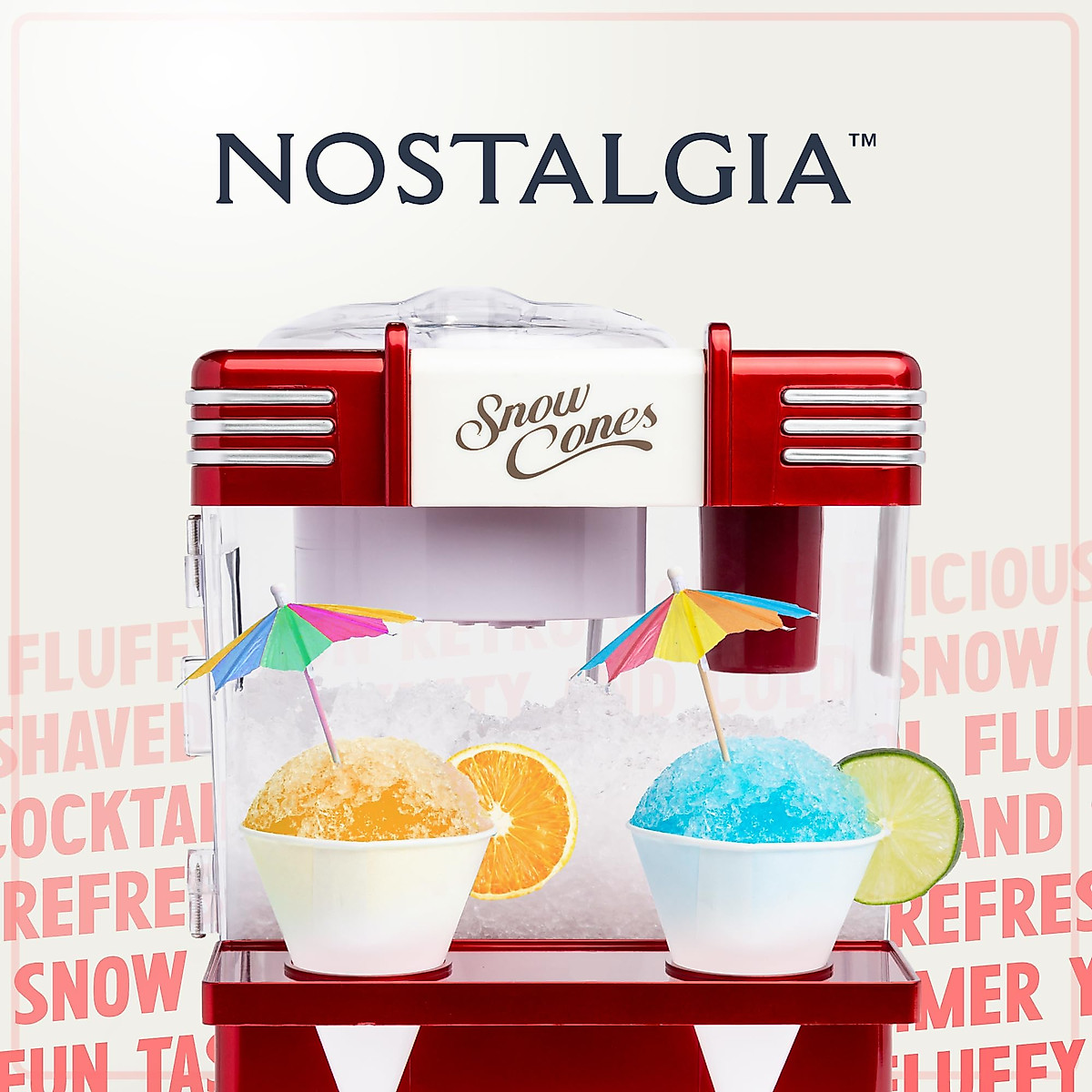 Nostalgia Retro Table-Top Snow Cone Maker, Makes 20 Icy Treats, Shaved Ice Machine Includes 2 Reusable Plastic Cups & Ice Scoop, Retro Red