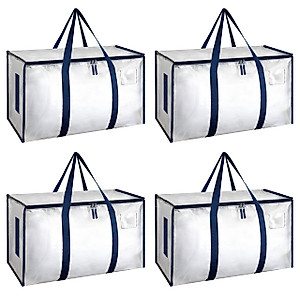 HealSmart 4 Pack Large Moving Bags with Zippers & Handles, Moving Supplies with lids, Heavy Duty Totes for Space Saving, Fold Flat, Moving and Storing, Clear