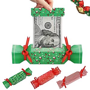 JOYJOM Christmas Money Box for Cash Gift Pull, 4PCS Candy Funny Money Gift Boxes for Cash Pull Pouch, Surprise Merry Christmas Box Holder with 40Pcs Transparent Bags