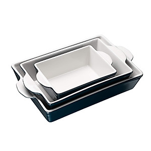 Kook Ceramic Bakeware Set, Rectangular Baking Dishes, For Casseroles, Lasagna, Cake, Small, Medium & Large Pans, Microwave & Dishwasher Safe, Set of 3 (Navy)