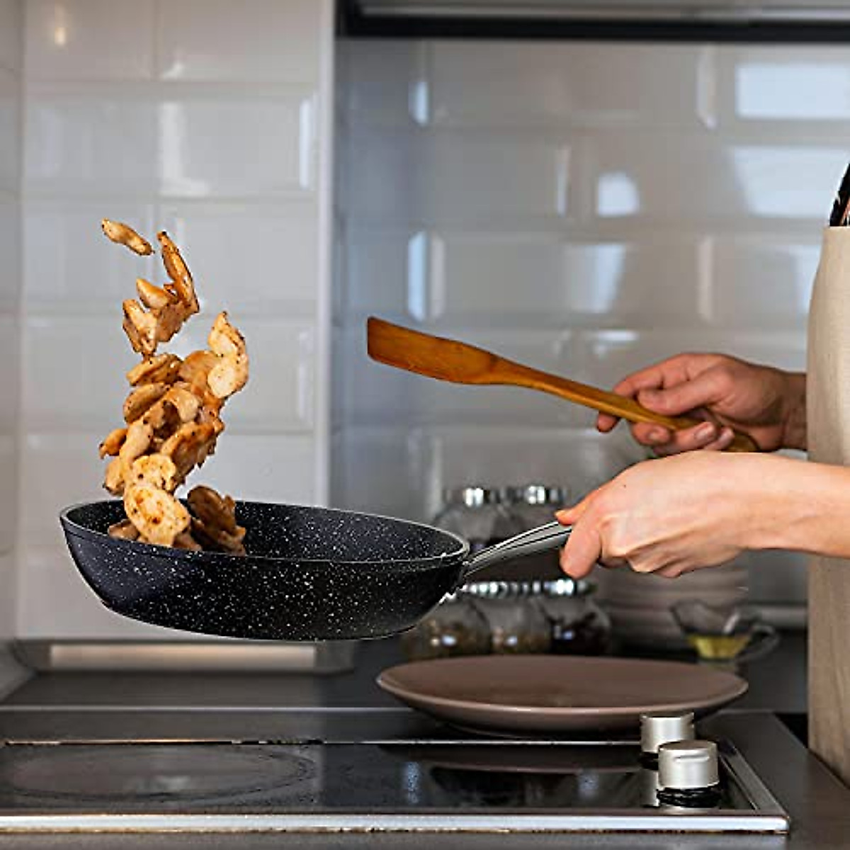 JEETEE Kitchen Pots and Pans Set Nonstick Granite Cookware Set Pans for Cooking w/Frying Pan, Saucepan, Cooking Pot, Oven Safe(Black, 15pcs Cookware Set)