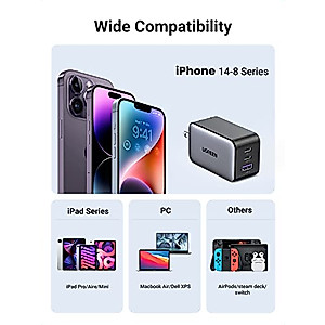 UGREEN USB C Charger 65W Nexode 3 Ports GaN Laptop Charger Block, Compact Foldable Wall Charger Compatible with MacBook Pro/Air, Dell XPS, iPhone 14, iPad Pro, Galaxy S23, Pixel 7, Steam Deck (Black)