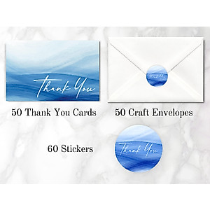 50 Pcs Thank You Cards With Envelopes Premium Quality Classy Thank You Notes Cards For All Occasions, Wedding, Baby Shower, Bridal Shower, Birthday, Engagement, Funeral, Beautiful Minimalistic Design, Blue With White Letters Bulk 4x6