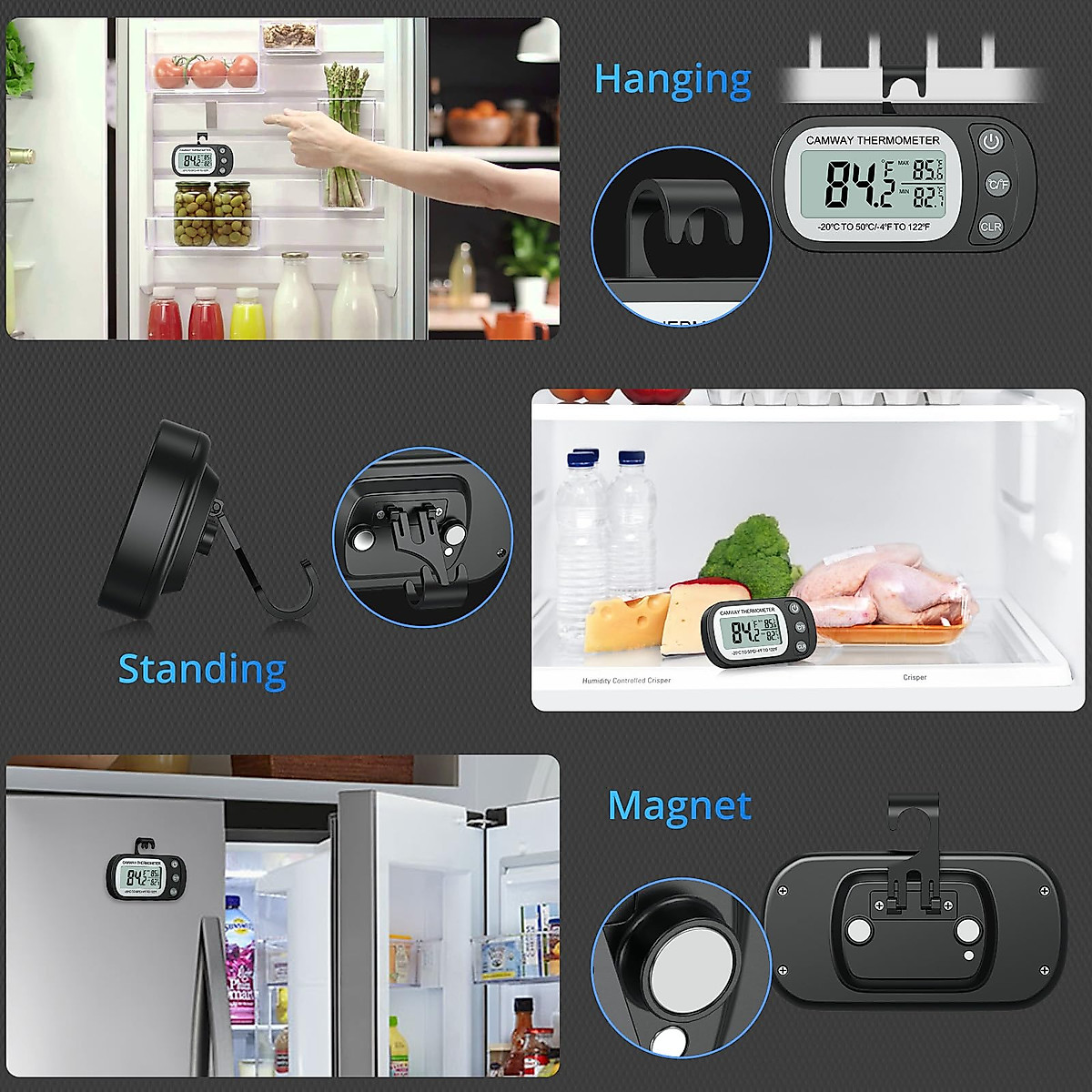 CAMWAY Refrigerator Fridge Thermometer Waterproof Digital Freezer Room Thermometer(-4°F to 122°F) Max/Min Record Function Large LCD Display Fridge and Freezer Thermometers(Black-4Pack)