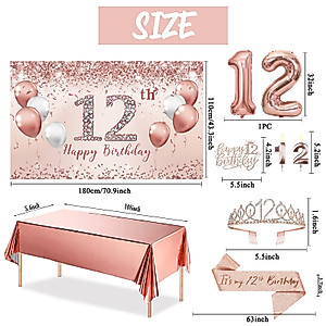 Trgowaul 12th Birthday Decorations Party Set for girls, Rose Gold 12 Birthday Banner and Tablecloth, 12& Fabulous Sash and Tiara, 1PC Happy 12th Birthday Cake Topper, Pink Gold 12 Number Balloons