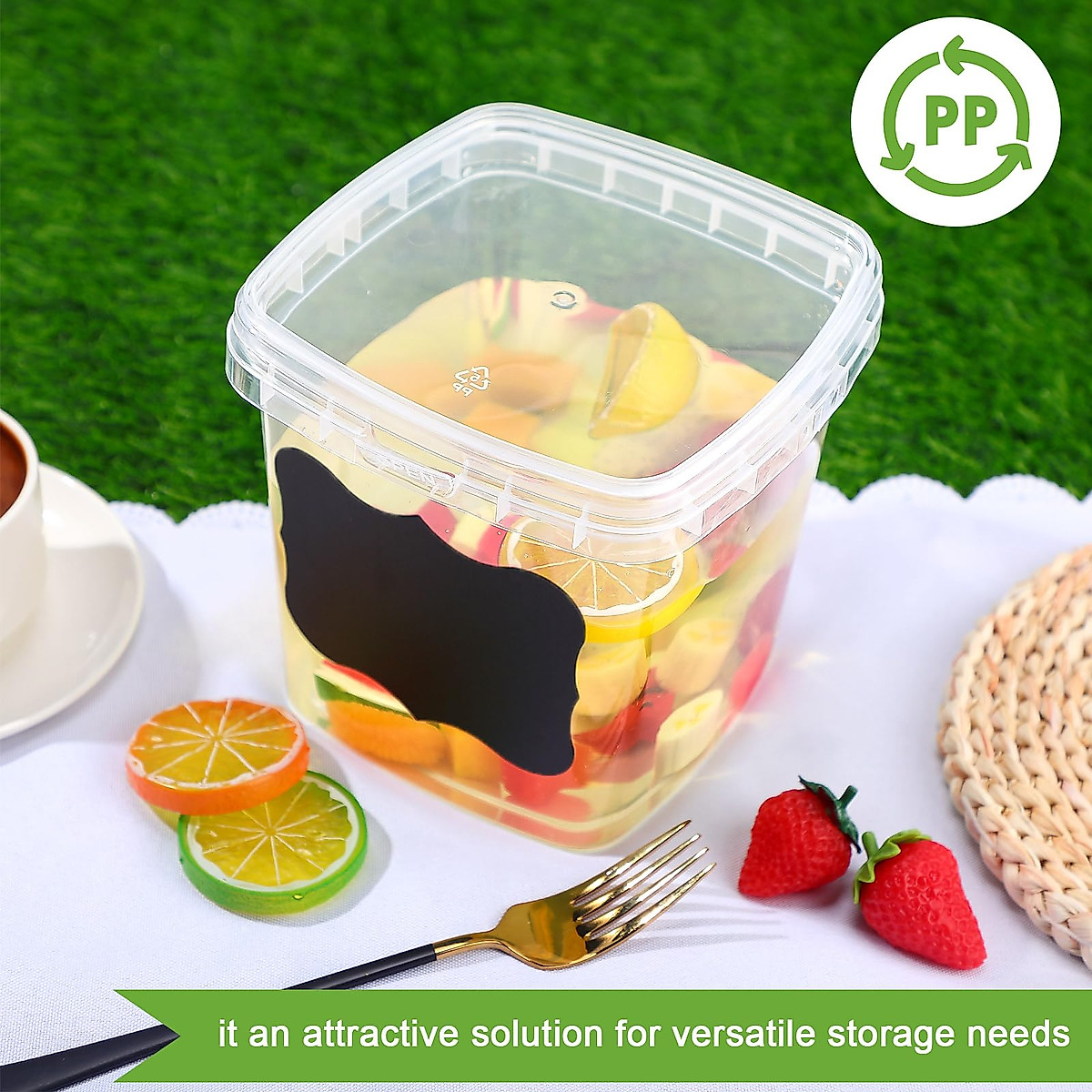 Jinei 50 Pcs 16 oz Plastic Deli Containers with Lids Clear Square Food Storage Containers Stackable Airtight Square Container with Lids with 9 Labels and Marker for Kitchen Storage Meal Take out