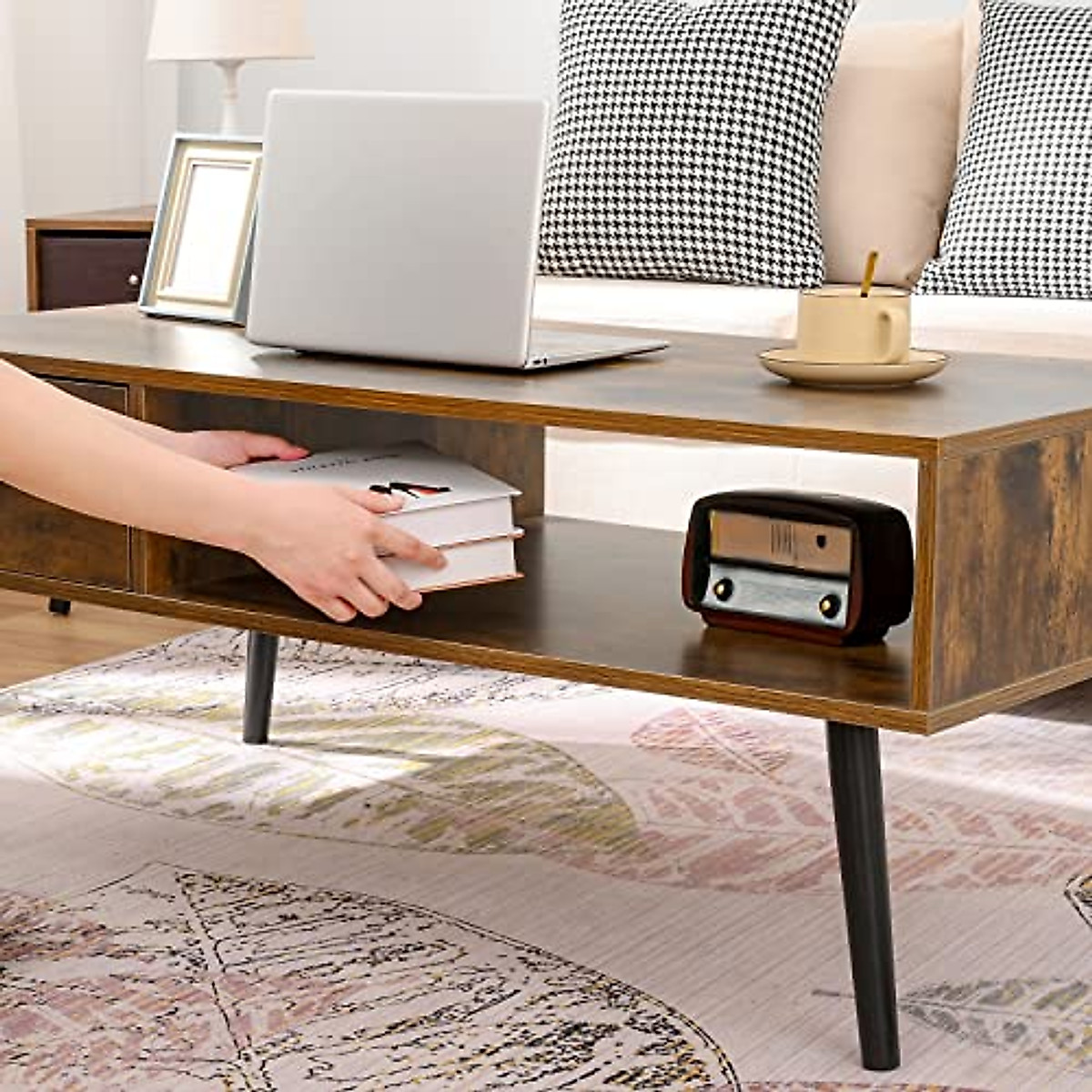 Iwell Mid Century Coffee Table with Drawer and Storage Shelf for Living Room, Wood Cocktail Table, Accent TV Table for Reception Room/Office, Easy to Assemble, Rustic Brown