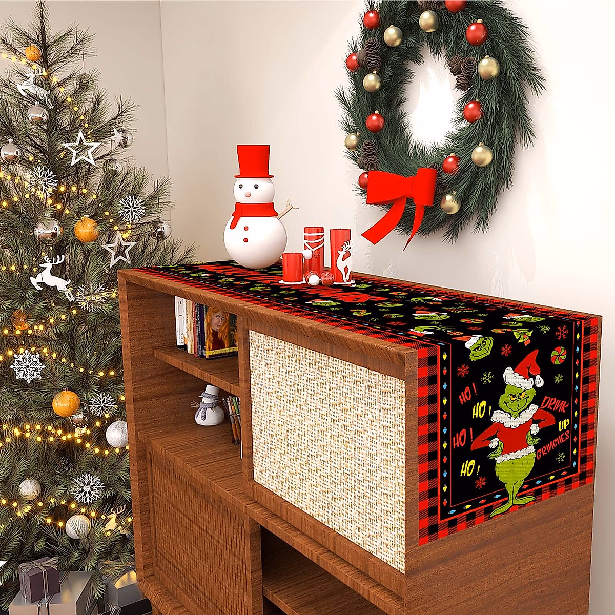 FARMNALL Linen Red Christmas Table Runner Merry Christmas Tablecloth Christmas Xmas Buffalo Plaid Check Winter Holiday Home Kitchen Dining Room 13x90 Inch
