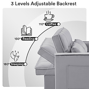 Rovibek 3 in 1 Sleeper Sofa Couch Bed Pull Out Sofa Bed Convertible Futon Loveseat Velvet 2 Seat Lounge Grey for Living Room, with Adjustable Backrest 2 Pillows Side Table