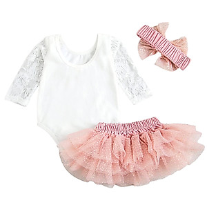 Baby Girls My 1st Birthday Outfits Long Sleeve Floral Lace Romper + Tutu Skirt + Headband Set (Pink, 12-18 Months)