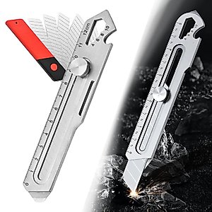 Generic 10-In-1 Mutipurpose Utility Knife, Heave Duty Full Stainless Steel Retractable Box Cutter with 5PCS replaceable Blades, Multi-functional Extended Razor Knife for Office, Home (Silver)