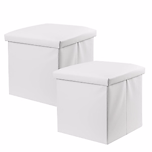 Storage Ottoman Cubes, PU Folding Ottoman Seat Set of 2, Faux Leather Ottoman Foot Rest, Small Leather Storage Ottoman Bench Foot Rest, Short Ottoman Stools, Tufted Folding Ottomans with Lid, White