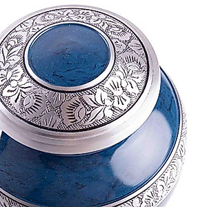 GSM Brands Cremation Urn for Adult Human Ashes - Large Handcrafted Funeral Memorial with Striking Blue Design (Aluminum - 10 Inch Height x 7 Inch Width)