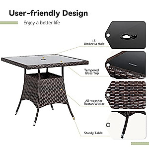 SUNCROWN 5 Piece Outdoor Dining Set All-Weather Wicker Patio Dining Table and Chairs with Cushions, Square Tempered Glass Tabletop with Umbrella Cutout for Patio Backyard Porch Garden Poolside