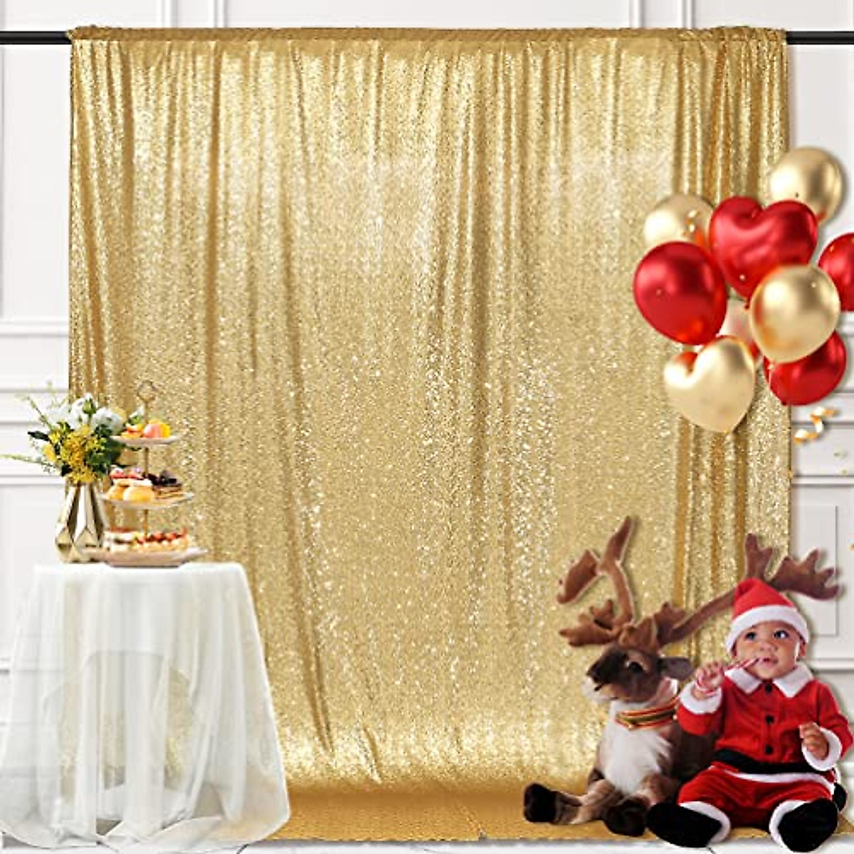 PartyDelight 2 Panels Gold 5FT X 10FT Sparkly Sequin Backdrop Curtains for Wedding, Party, Room Decorations.