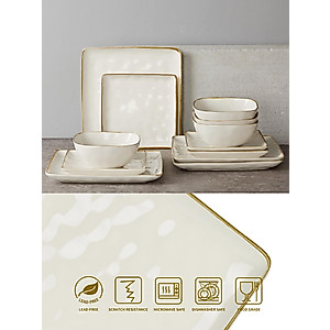 Famiware Dinnerware Sets for 4, Ocean Square 12-Piece Kitchen Plates and Bowls Sets, Microwave and Dishwasher Safe, Scratch Resistant, Vanilla White