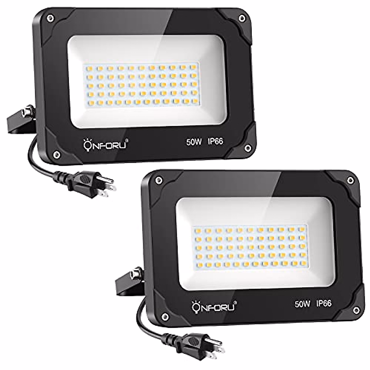 Onforu 2 Pack 50W LED Flood Light Outdoor, 4500lm LED Work Light, IP66 Waterproof Outdoor Floodlights with Plug, 6500K Daylight White Super Bright Security Light for Yard, Garden, Garage, Lawn