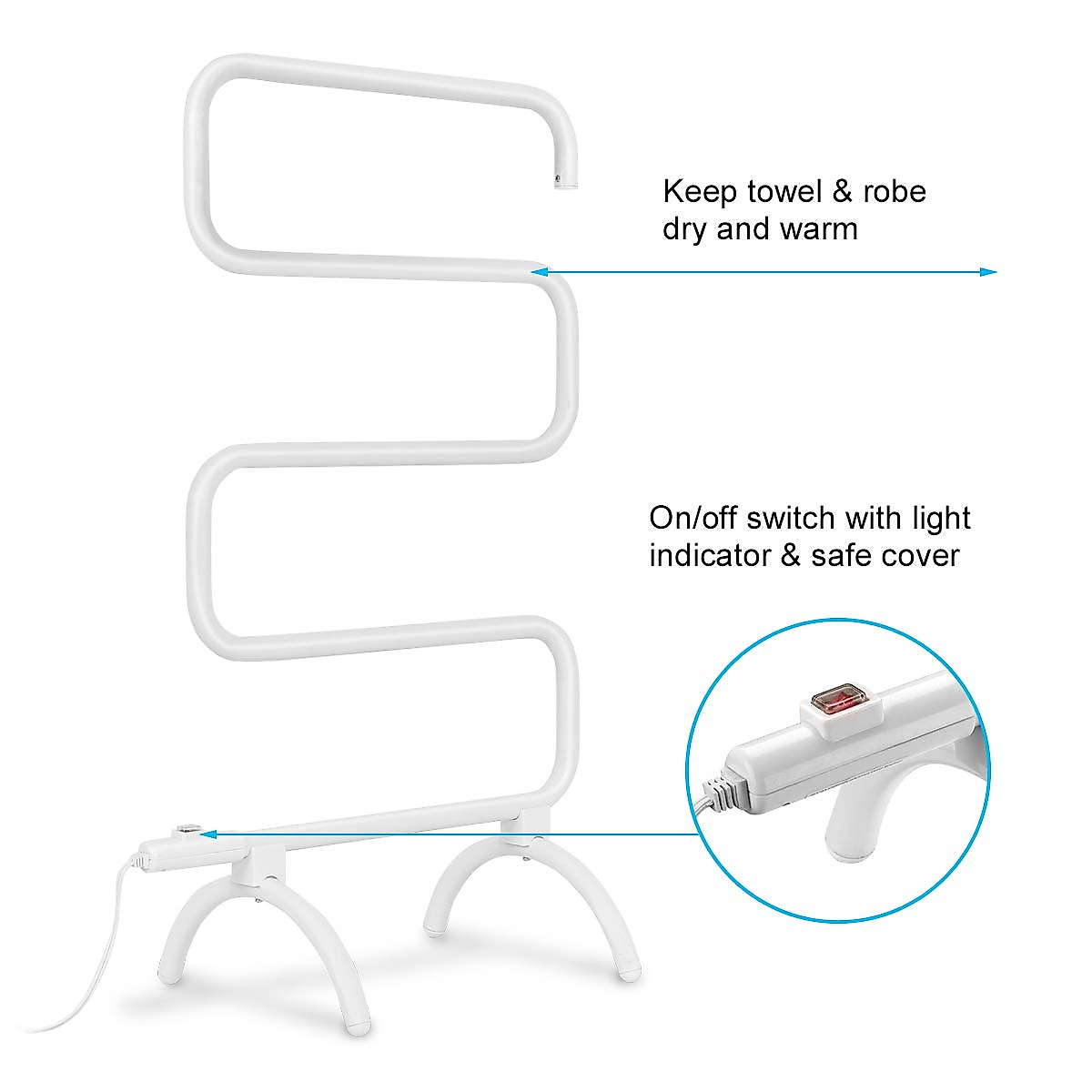 Electric Towel Warmer, S-Shaped Heated Towel Rack with Built-in Switch, Constant Temperature Control, 15 Min Fast Heating, Freestanding & Wall-Mounted Drying Rack for Bathroom, White