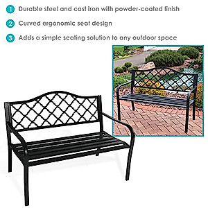 Sunnydaze Outdoor Patio Bench - 2-Person Outside Garden Park Bench Furniture - Durable Cast Iron Metal - Black Lattice Decorative Design - Outdoor Seating for Yard, Porch, Deck, Entryway or Backyard