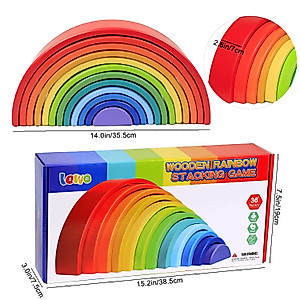 Lewo 12 PCS Wooden Rainbow Stacker Extra Large Stacking Game Nesting Puzzle Building Blocks Educational Toys for Kids Baby Toddlers
