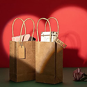 24 Pieces Mini Kraft Paper Bags with Handles 6.25 x 3.5 Inch Paper Party Favor Bag, 24 Pieces Blank Kraft Paper Tag Hanging Labels and 33 Feet Long Twine Rope for Treat Bags, Shopping Bags (Brown)