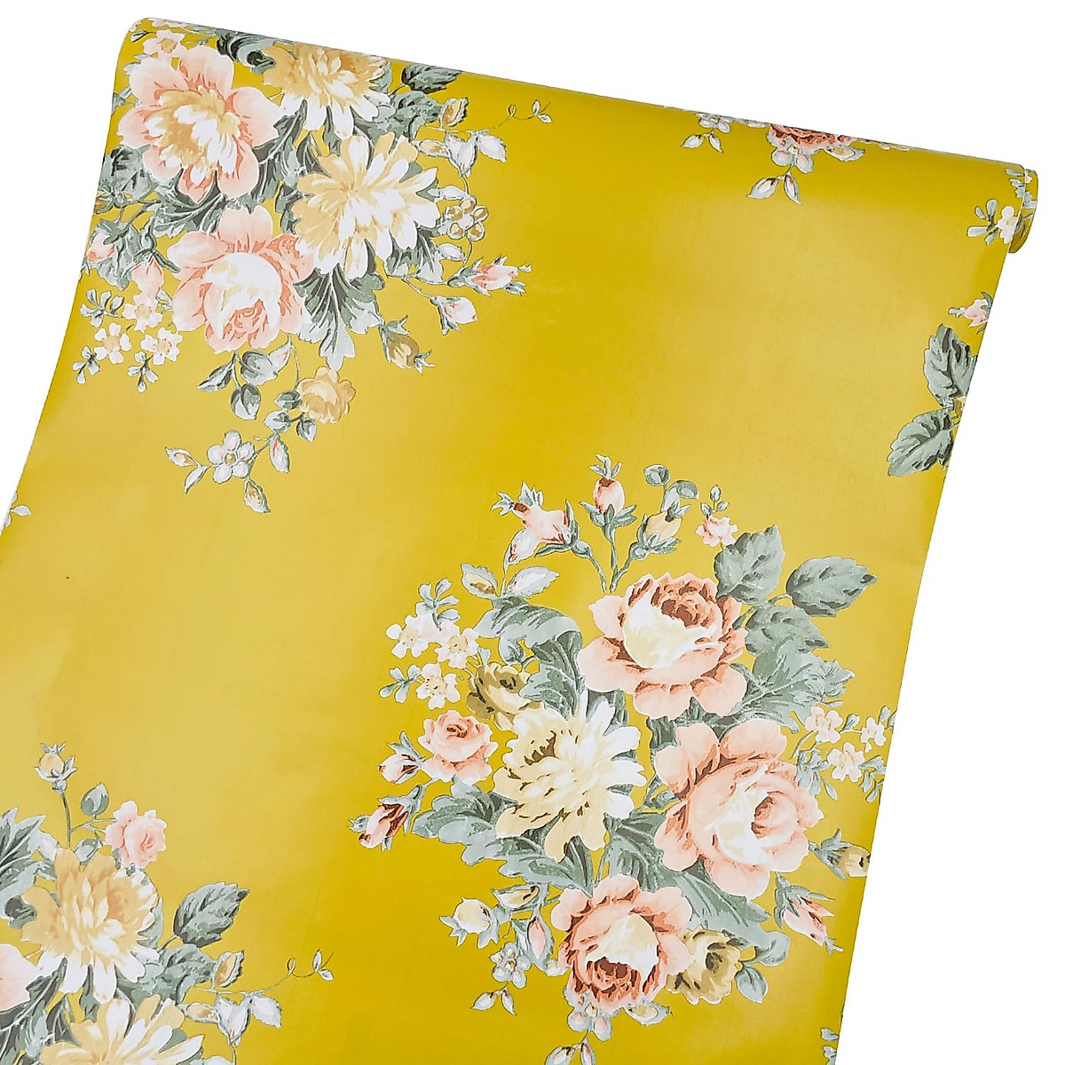Yifely Vintage Peony Floral Shelving Paper Dark Yellow Peel & Stick Shelf Liner Dresser Drawer Sticker 17.7 Inch by 9.8 Feet
