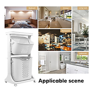 BAOKALER Rolling Laundry Hampers 2 Tier Laundry Baskets Dirty Clothes Hamper with Wheels White Portable Rolling Laundry Baskets with 2 Removable Baskets