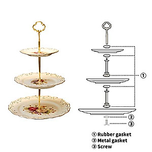 YOLIFE 3 Tiered Cupcake Stand, Cream Color Cake Platters, Flowering Shrubs Emboss Golden Leaves Edge Porcelain Tea Serving Tower Tray for Party Dessert Pastry
