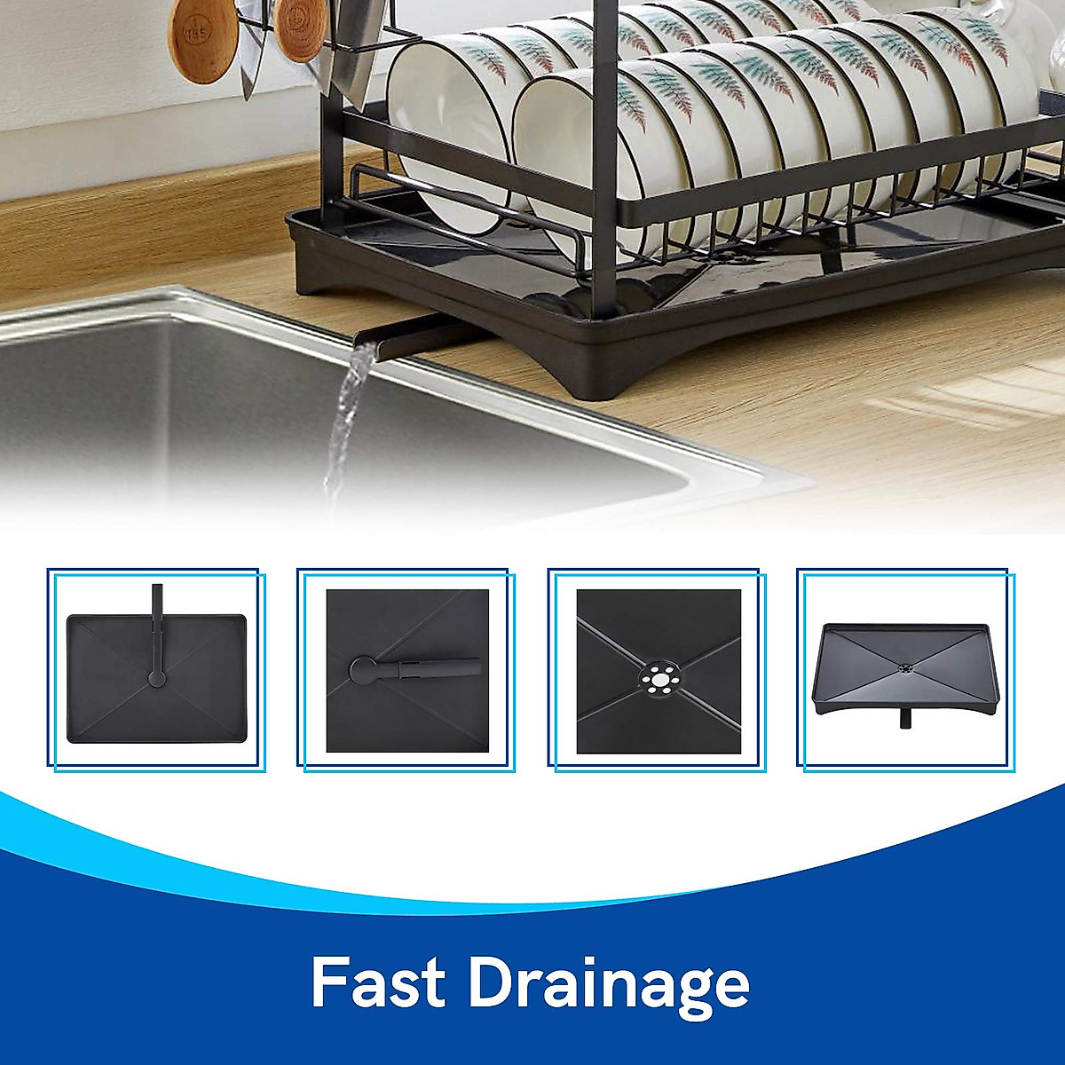 Flaovoth 2 Tier Dish Drying Rack, Dish Drainers for Kitchen Counter Dish Rack with Drying Drainboard, Adjustable Swivel Spout, Cutlery Caddy, Cup Hanging Holder, Spoon Rack and Knife Holder, Black