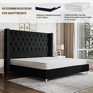 Jocisland King Bed Frame Upholstered Bed Wingback Headboard Velvet Tufted Diamond Button/No Box Spring Needed/Easy Assembly/Black