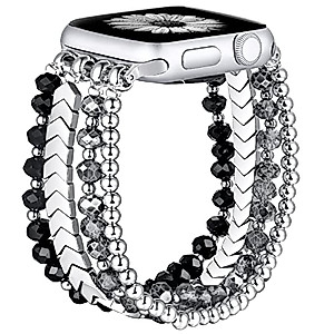 Fastgo Bracelet Band Beaded Compatible with Apple Watch 38mm 40mm 41mm 42mm 44mm 45mm 49mm Women,Fashion Elastic Stretch Strap Bands for Iwatch SE&Series 9 Ultra 8 7 6 5 4 3 2 1(Black/Sliver/Grey,S/M)