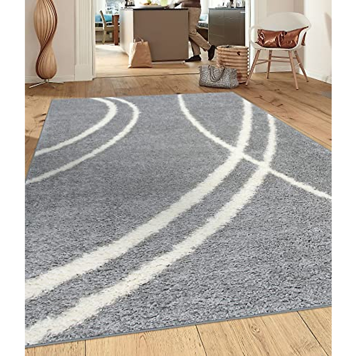 Rugshop Cozy Contemporary Stripe Perfect for Living Room,Bedroom,Home Office Non-Shedding Plush Shag Area Rug 7'10" X 10' Gray-White