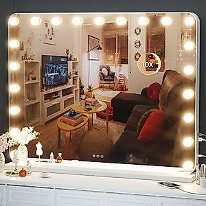 Hasipu Vanity Mirror with Lights, 39.4" x 31.5" Hollywood Mirror, Makeup Mirror with 21 Dimmable Bulbs and 10X Magnification, 3 Colors Modes, Touch Control, USB Charging Port, Type-C, White
