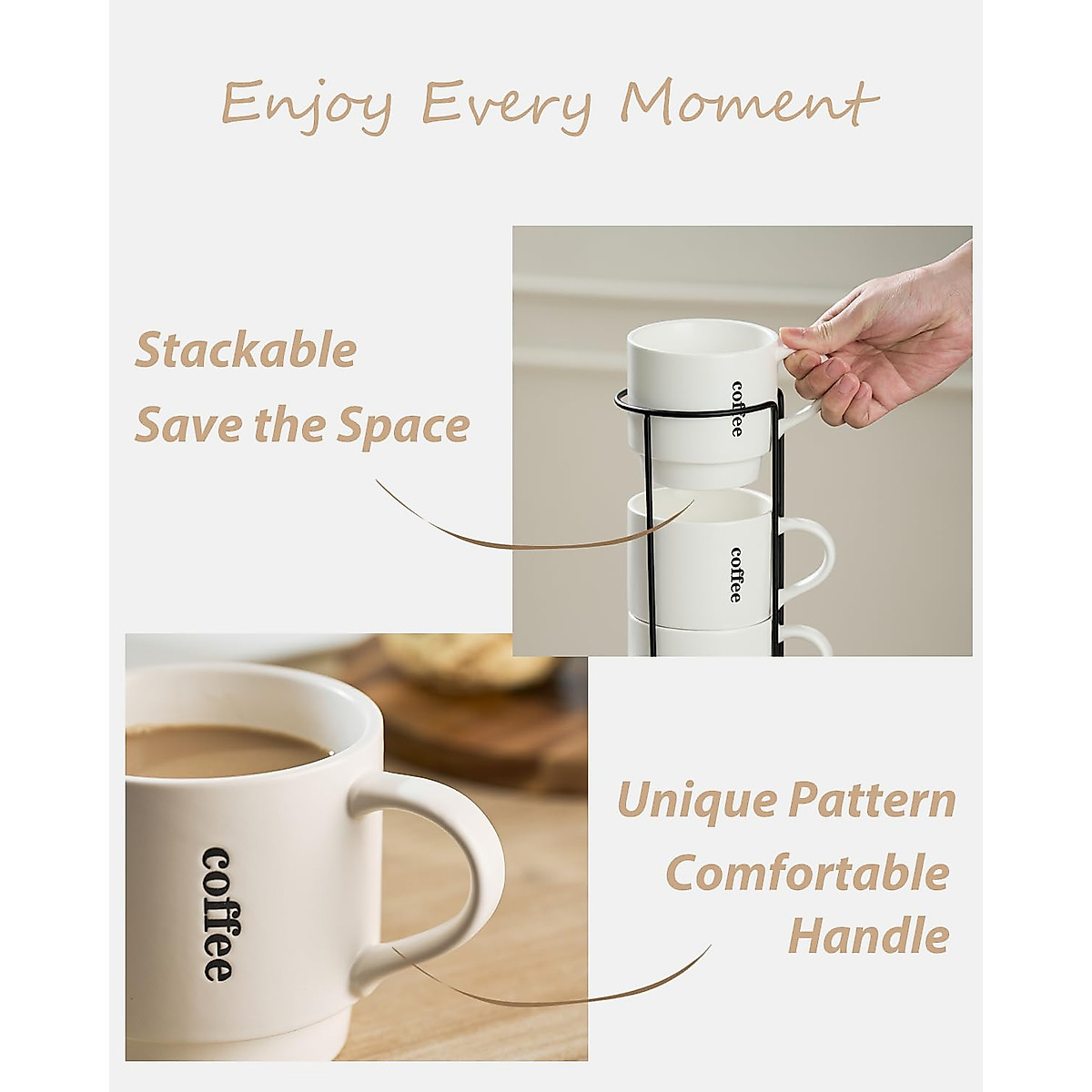 LAUCHUH Coffee Mugs Set of 4, 15 Ounce Stackable Coffee Mugs with Rack Latte Cup Porcelain Mugs for Coffee, Tea, Hot Cocoa, Milk, Dishwasher & Microwave Safe for Christmas, White